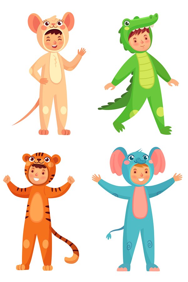 Cartoon baby animal costumes. Cute girl in panda costume, li