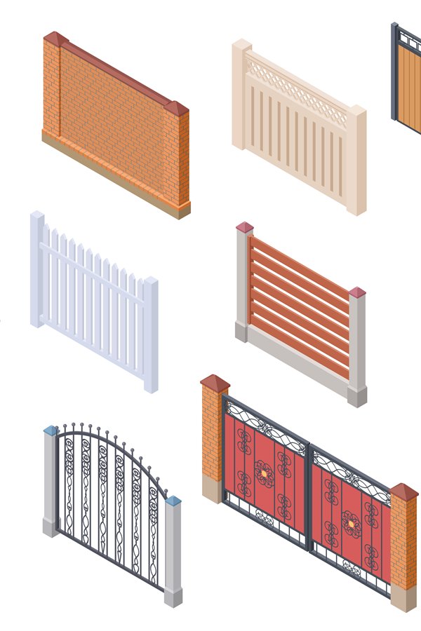 Isometric fence. Gates and farm garden wired security fences