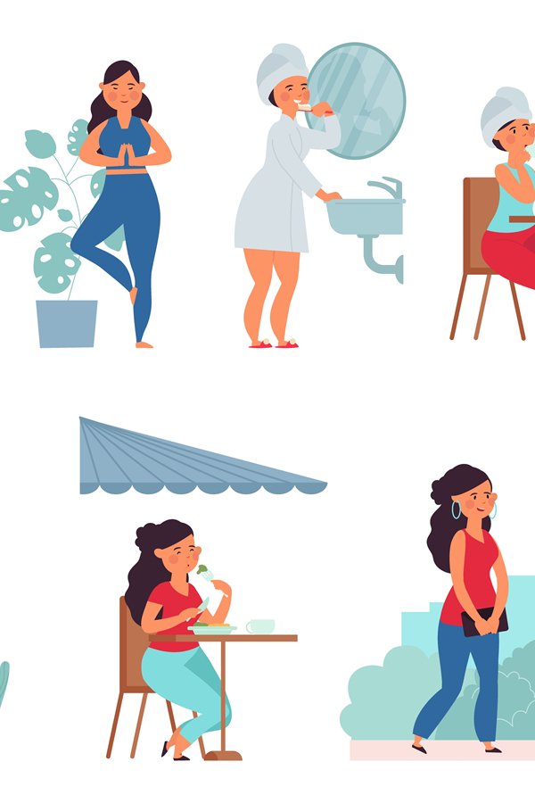 Woman daily routine. Modern women, yoga everyday life. Morni