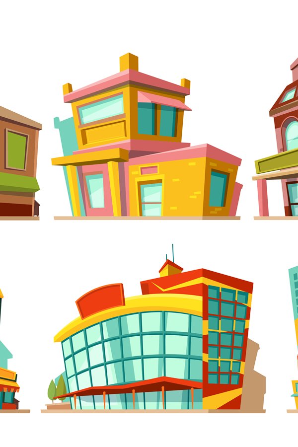 Cartoon buildings. Vector illustrations set isolate on white
