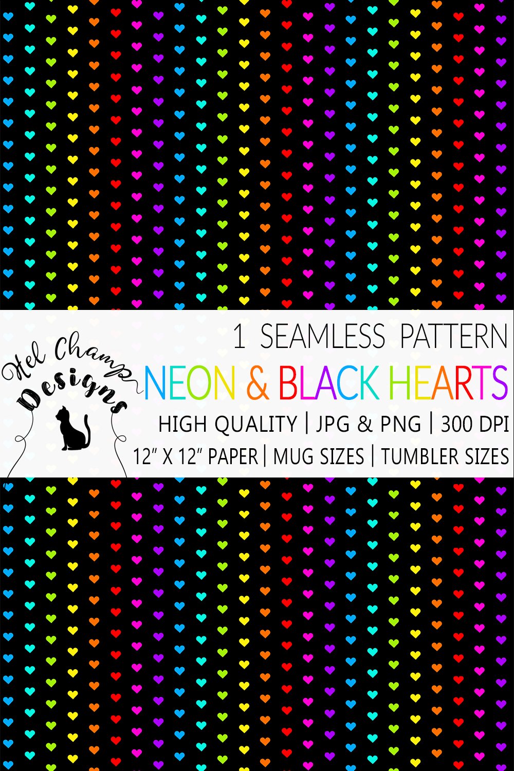 Neon hearts with black scrapbooking papers set