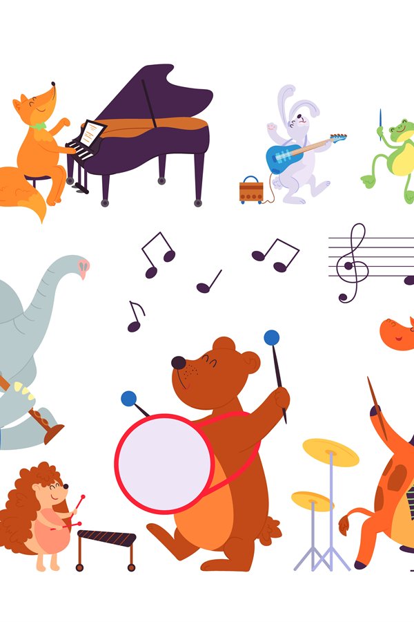 Music animals. Musician play instruments, forest dwellers wi