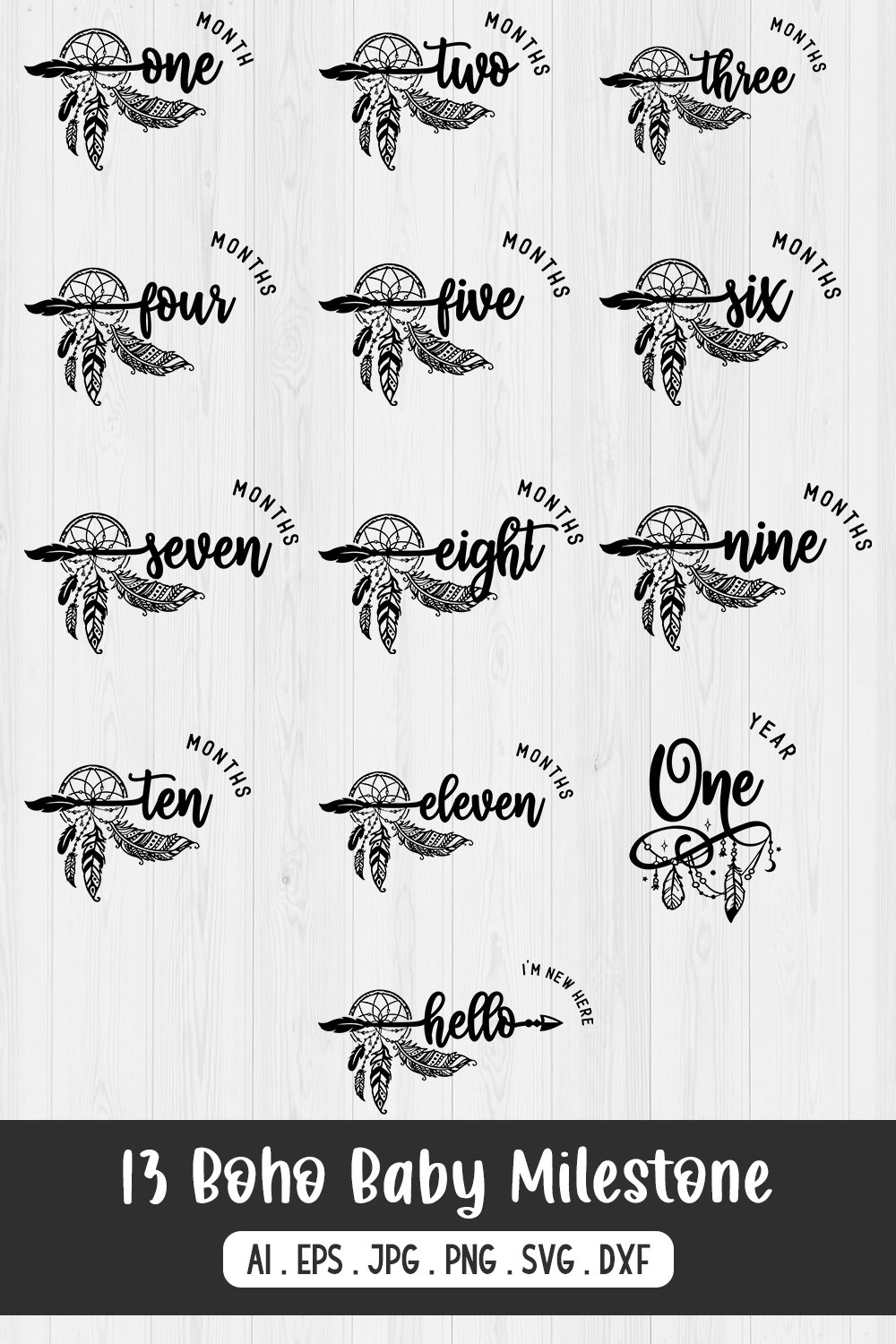 13 set Boho Baby Milestone SVG with feather ornaments