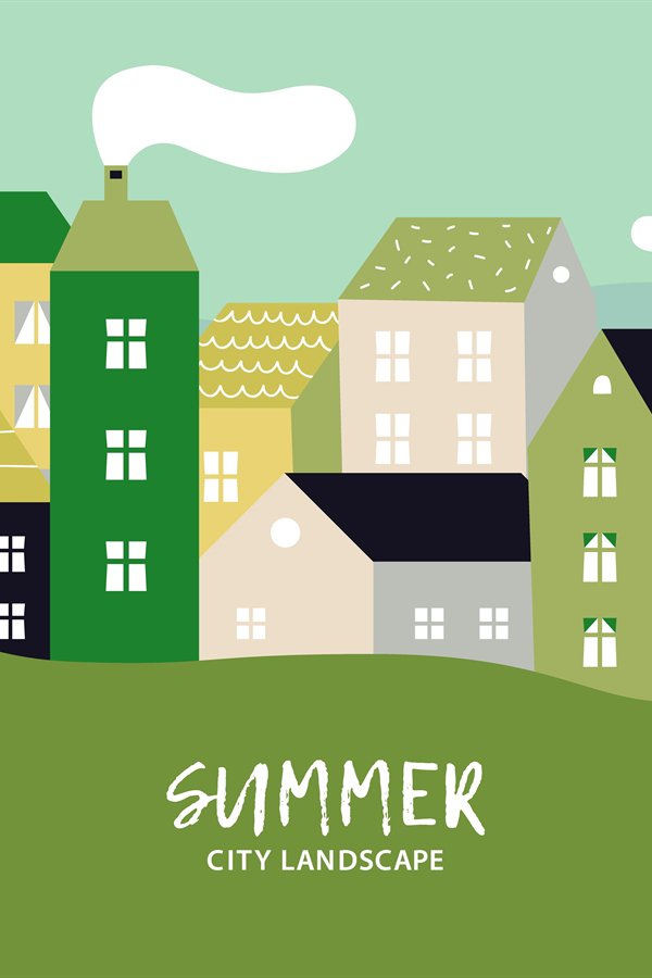 Simple landscape with buildings. Minimal cityscape and resid