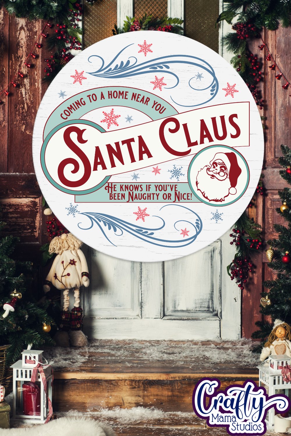 Round Vintage Christmas Svg Sign, Santa Claus