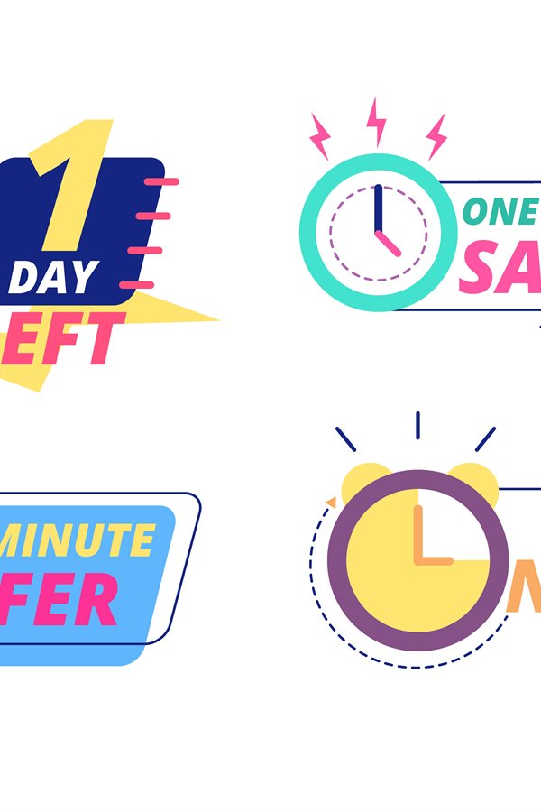 Sale countdown badges. Last day, hour and minute offer label