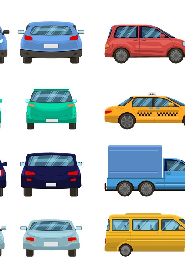 Car views. Front and profile side car view, urban traffic