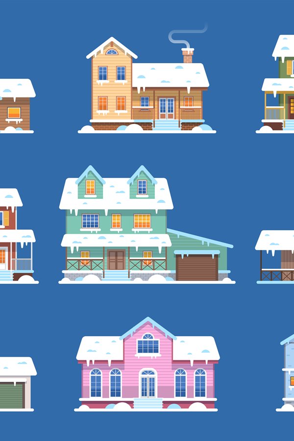 Winter houses. Homes in snow, cottages and townhomes with ga
