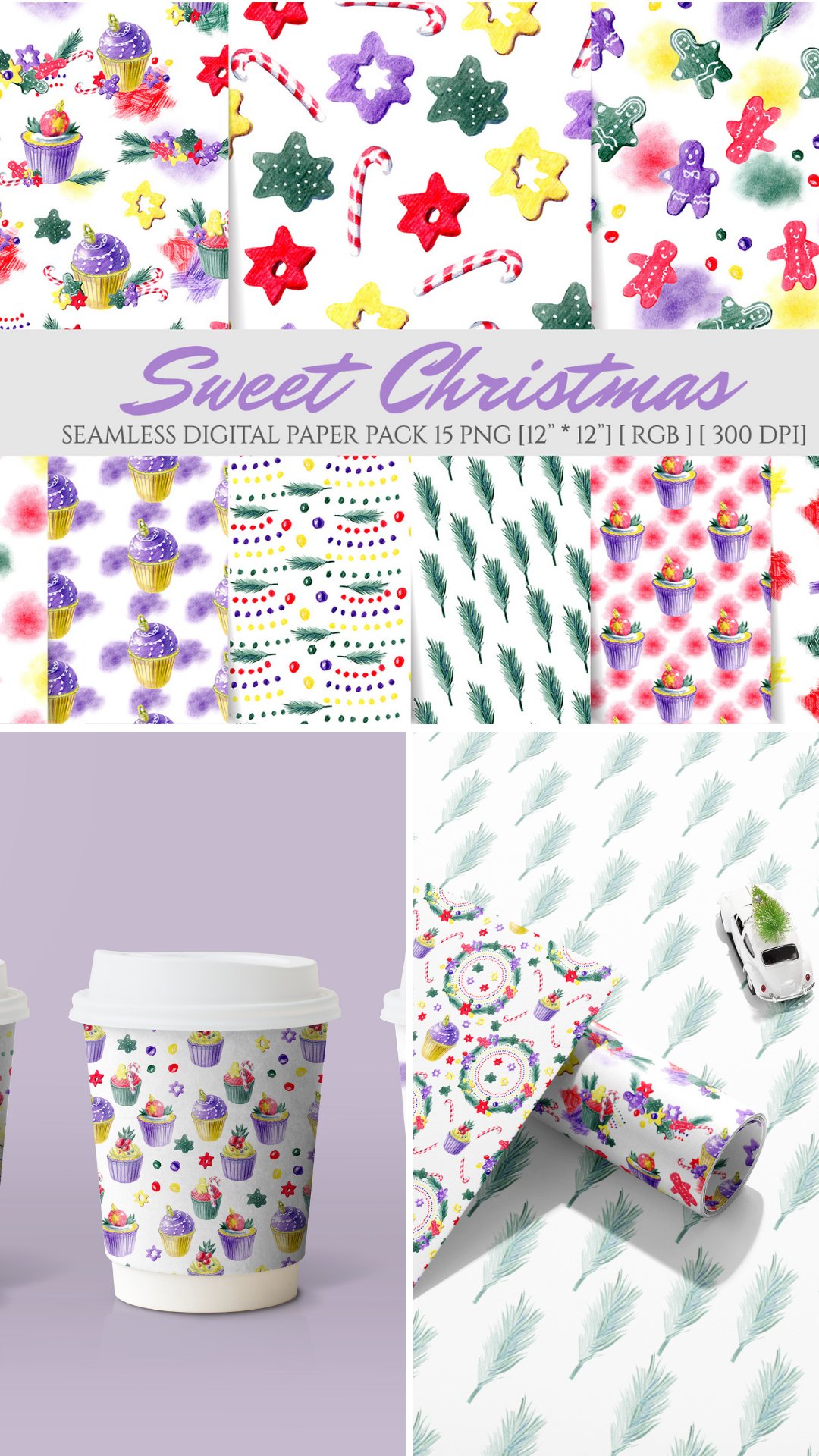 Christmas dessert seamless pattern. Cupcakes digital paper.