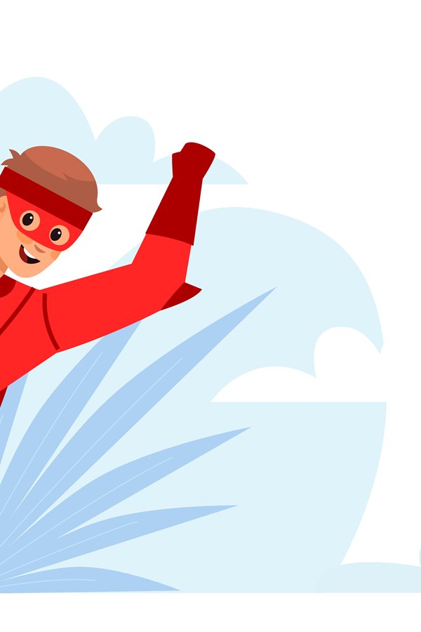 Super delivery. Man in superhero suit with cardboard box on