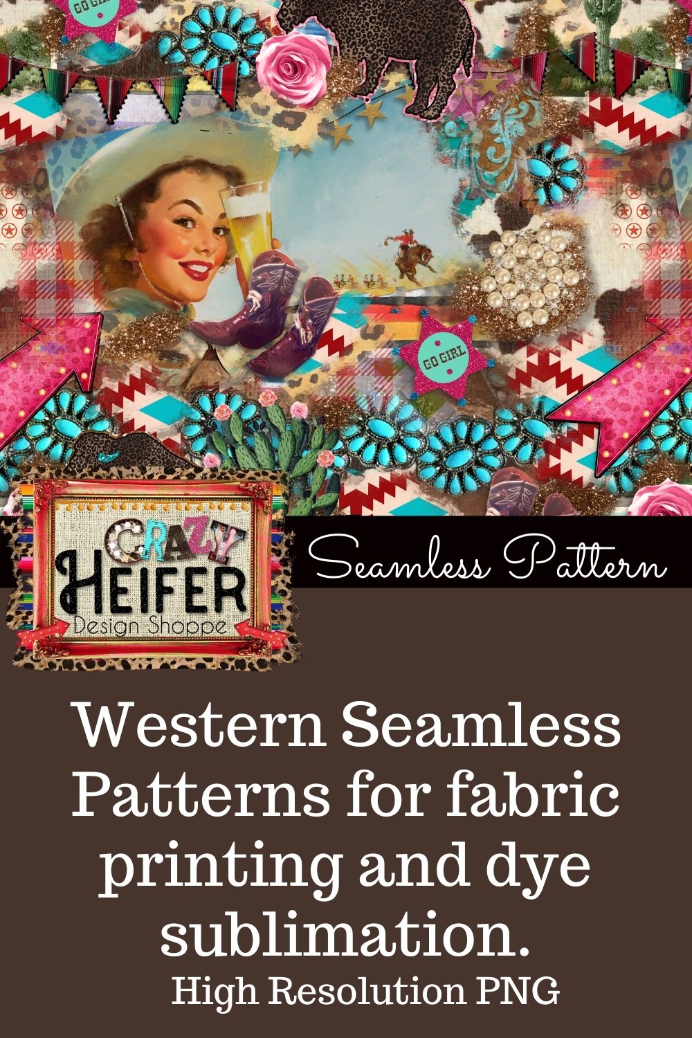 Seamless Pattern Western Pinup Cowgirl Fabric Printing