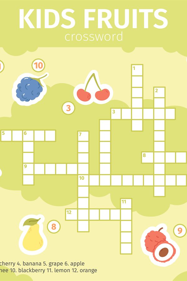 Summer fruits crossword. Educational crossword kids game wit