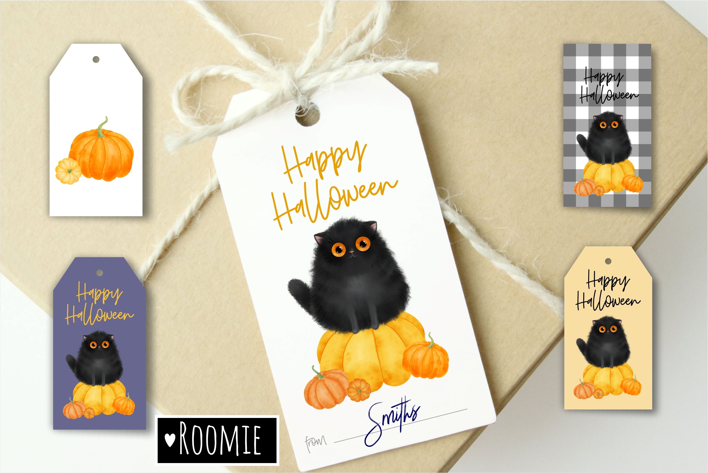 Happy Halloween tags DIY with black cat and pumpkins digital