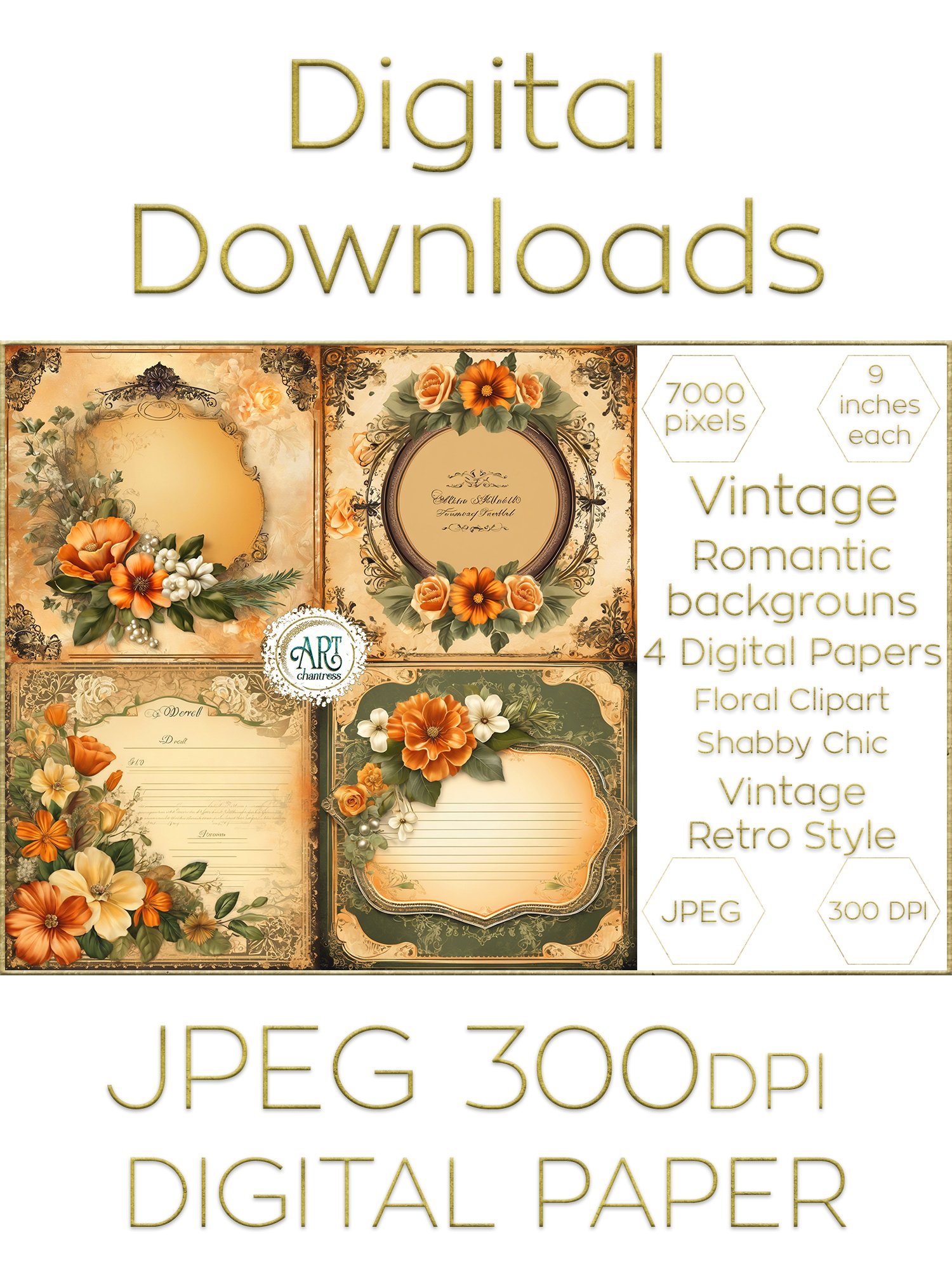 Vintage Floral Orange Olive Old Romantic Retro Digital Paper