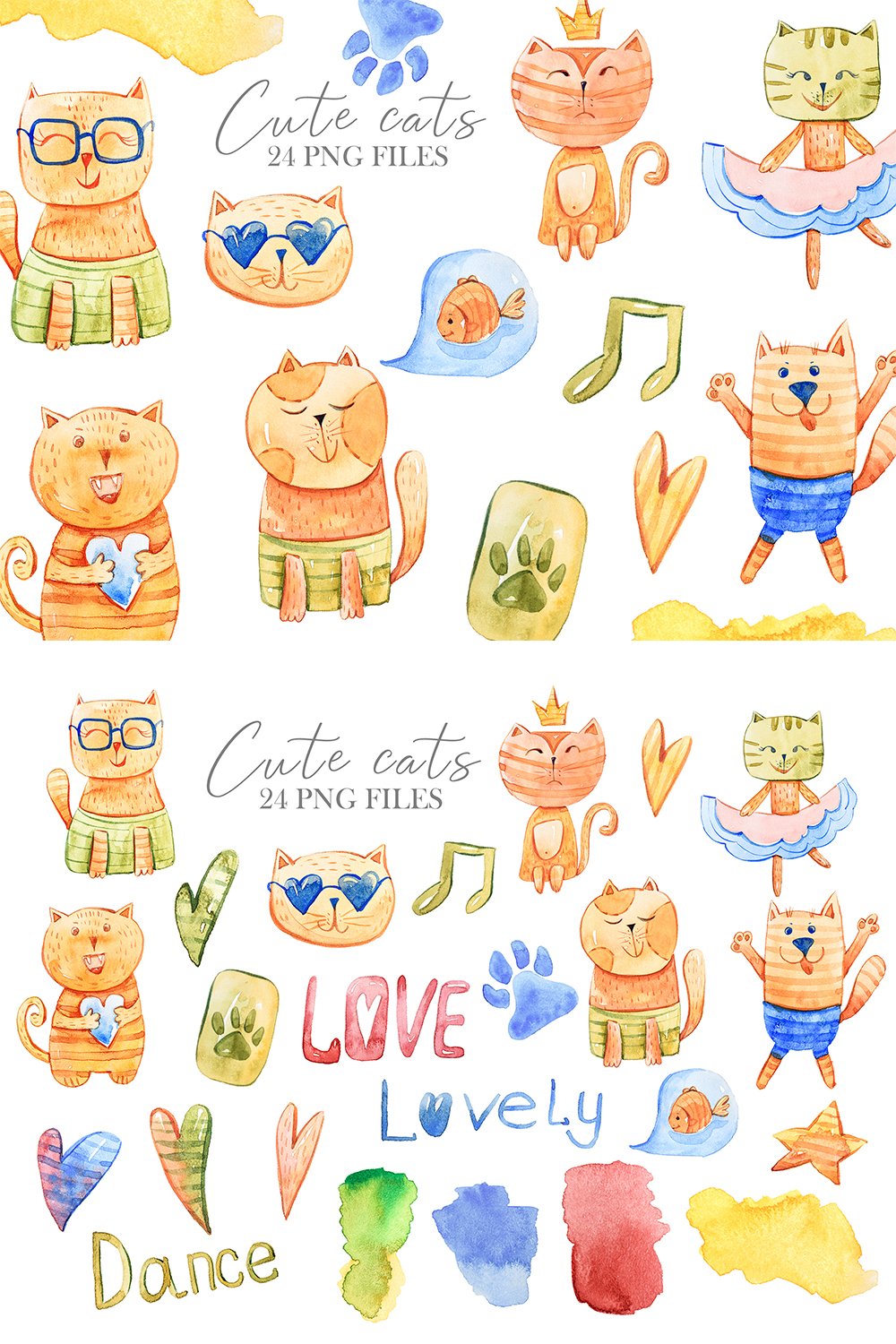 Watercolor cute cats clipart- 24 png files