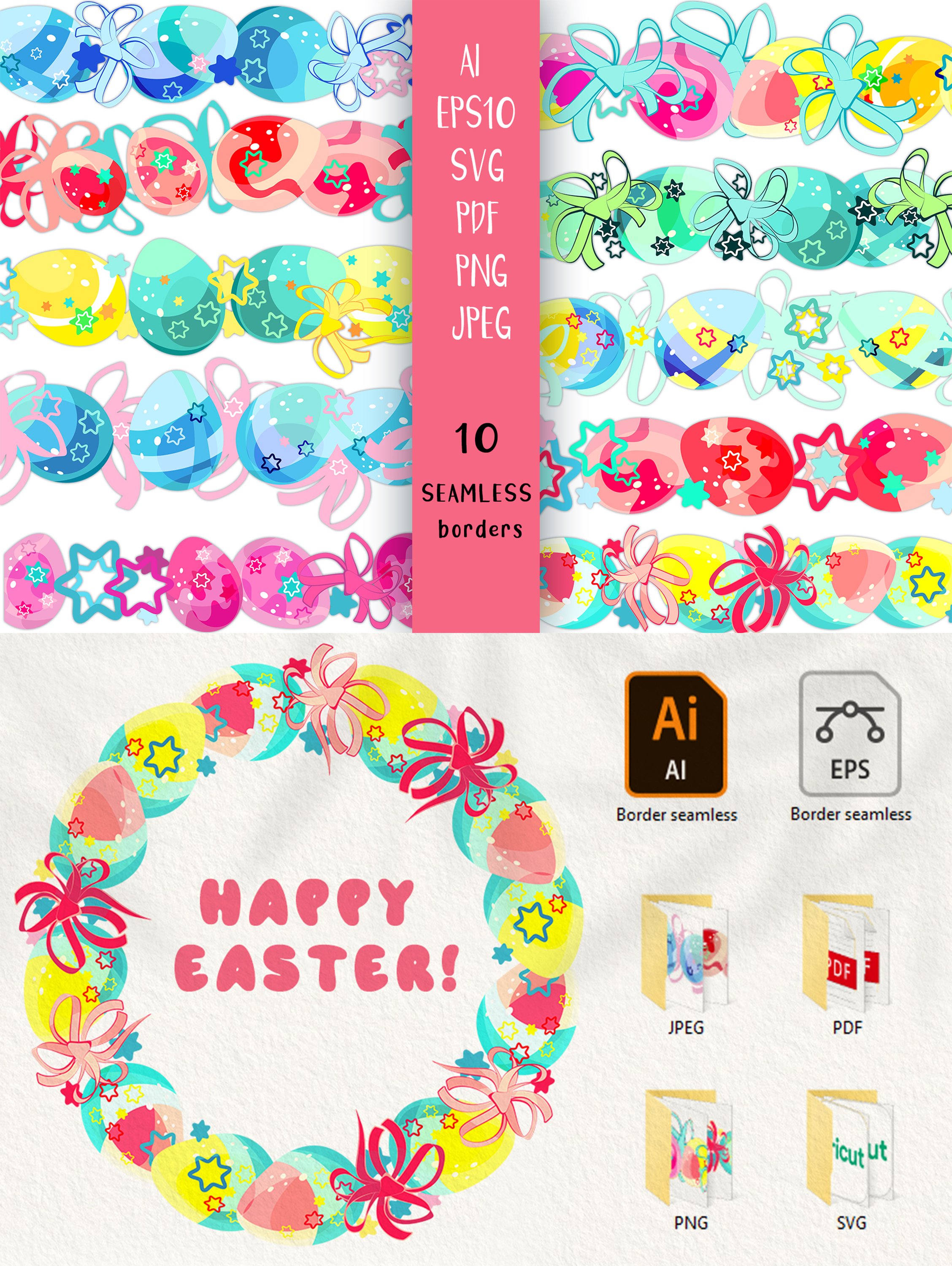 Vector EASTER Seamless Borders / Colorful EGGS