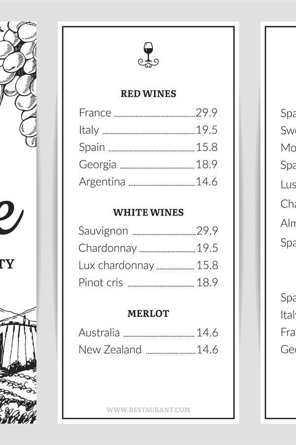 Wine menu. Wine card template. Vector grape sketch, drink me