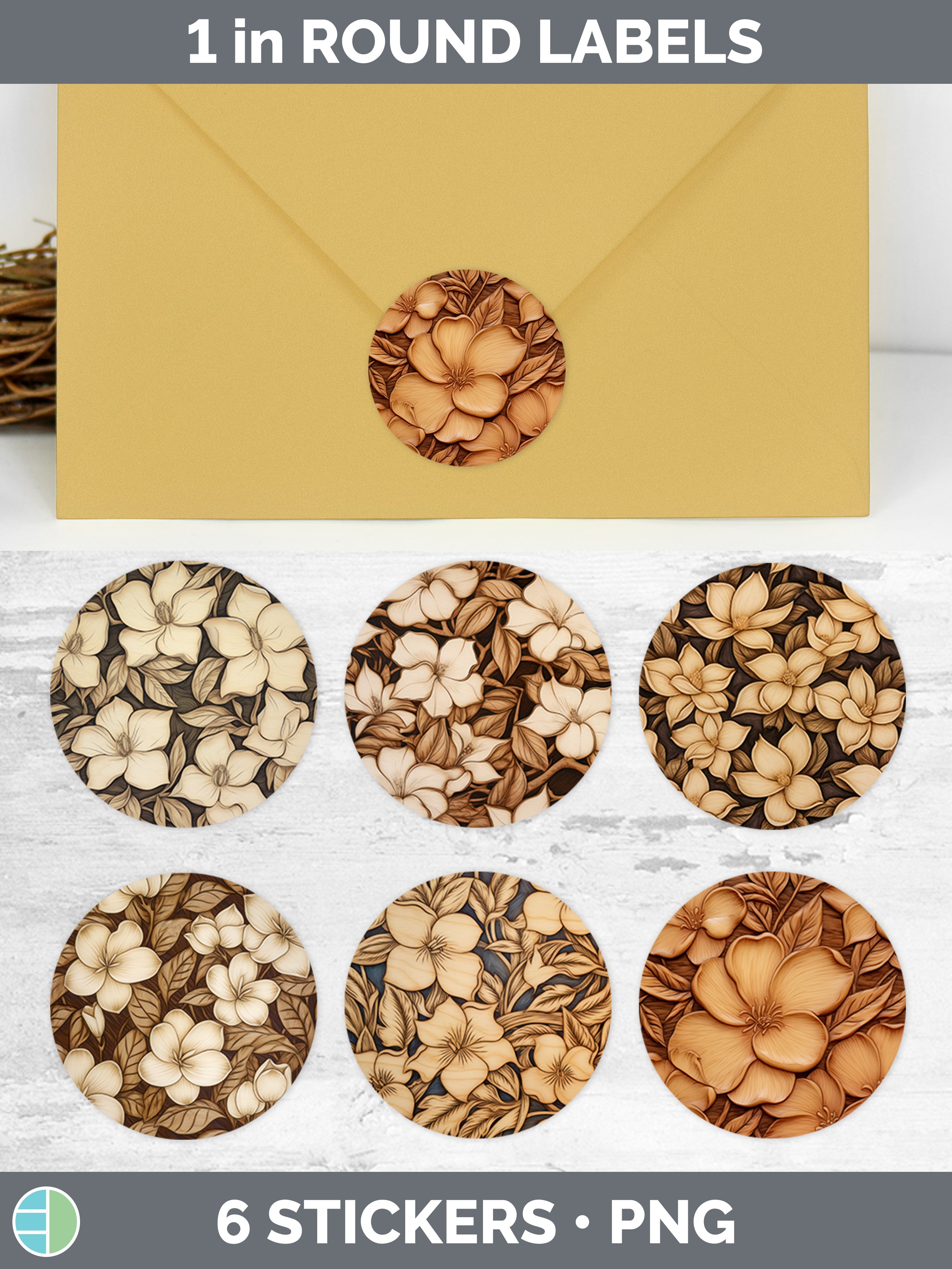 Wood Burned Gardenia Flowers Stickers | Round Labels Designs