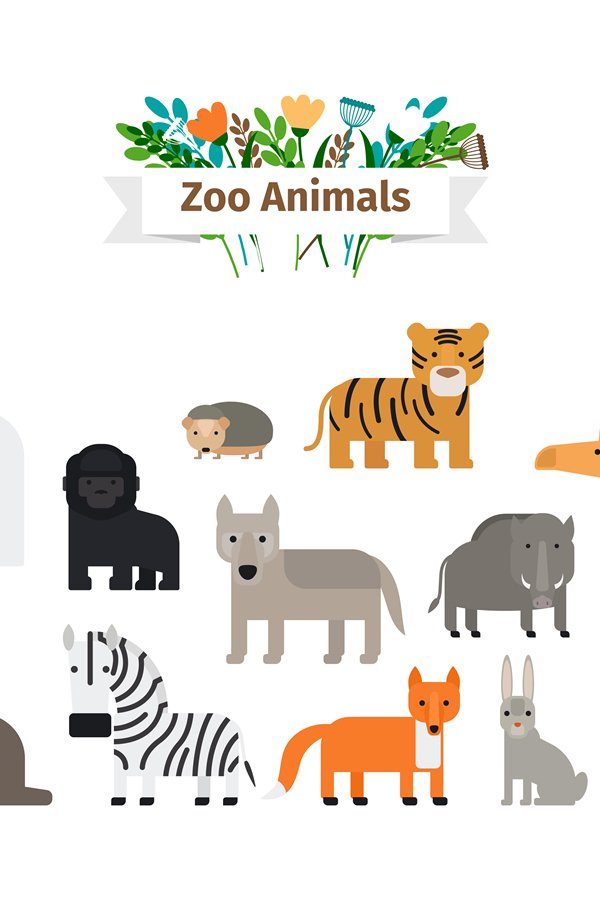Zoo Animals Flat Design Icons Set