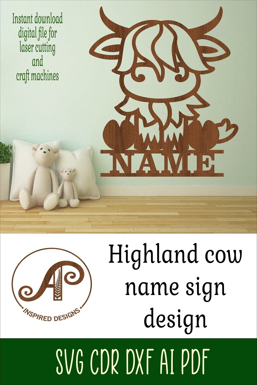 Highland Cow Name sign SVG laser cut template farm animal