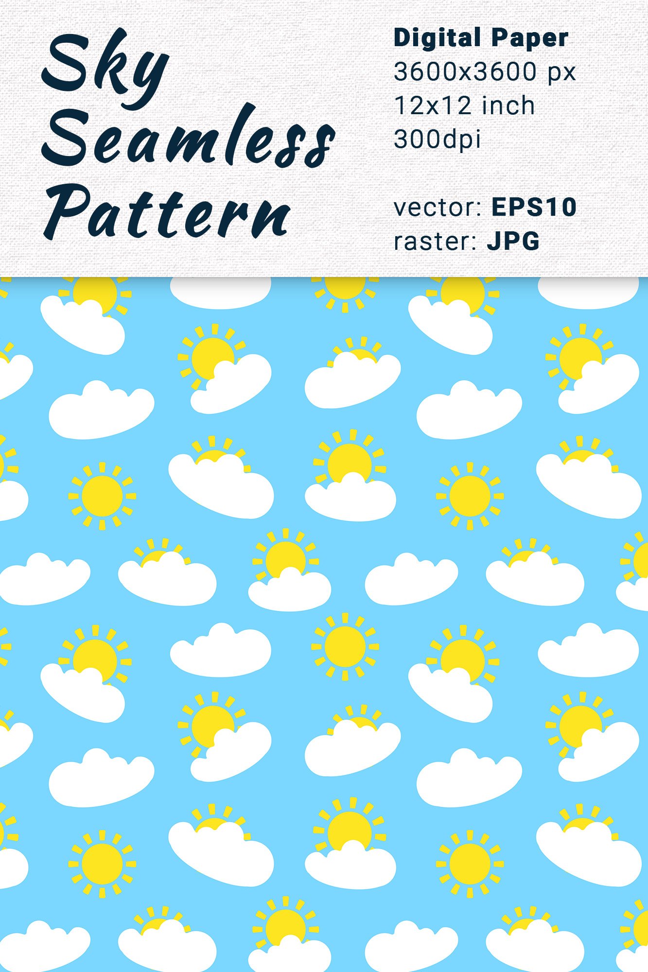 Sky Digital Paper, Sun and Clouds Seamless Patterns