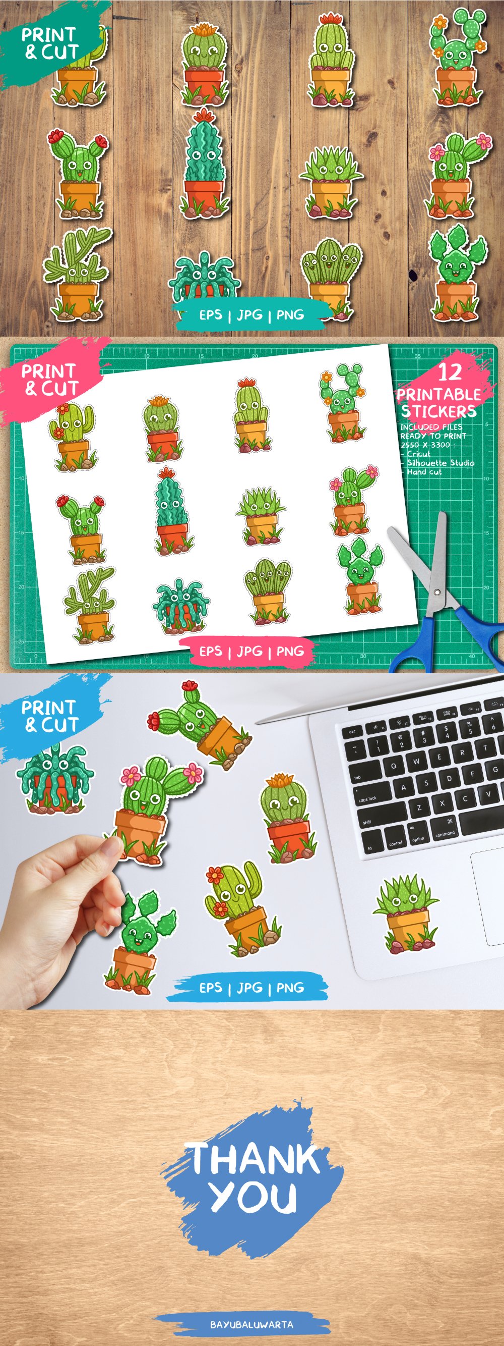 Happy cactus on pot Stickers for Printing