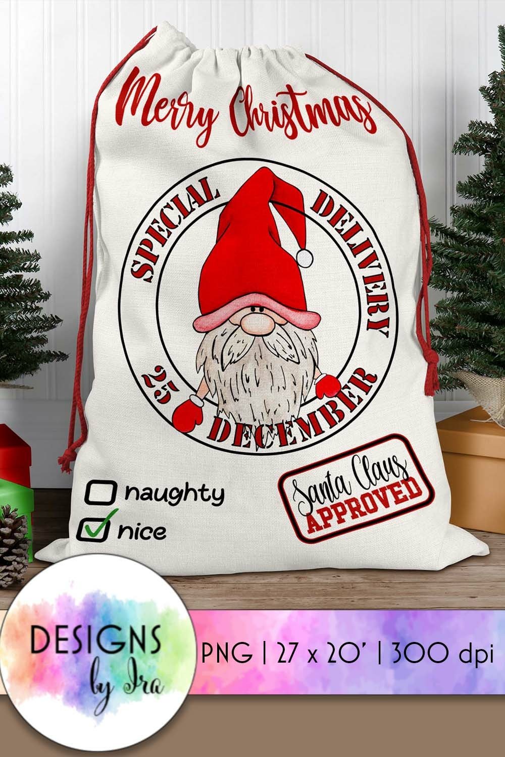 Santa Sack Sublimation with Cute Christmas Gnome
