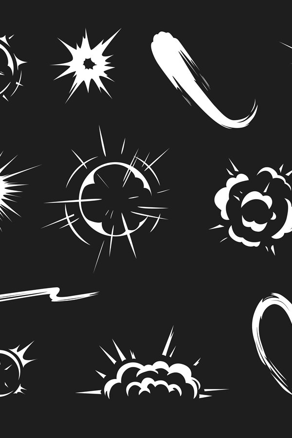 Comic energy explosion. Cartoon flame smoke cloud, speed hit