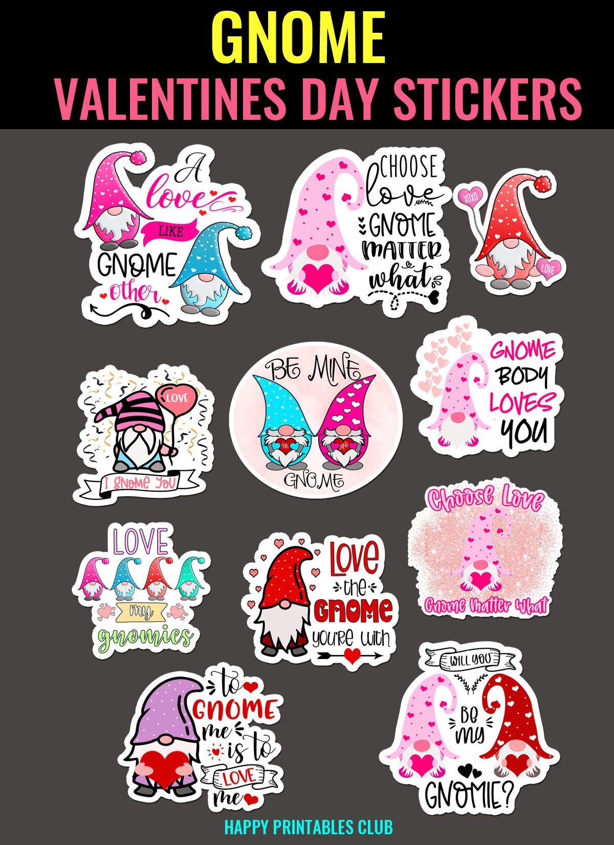 Valentines Day Gnome Stickers- Printable Valentine Stickers