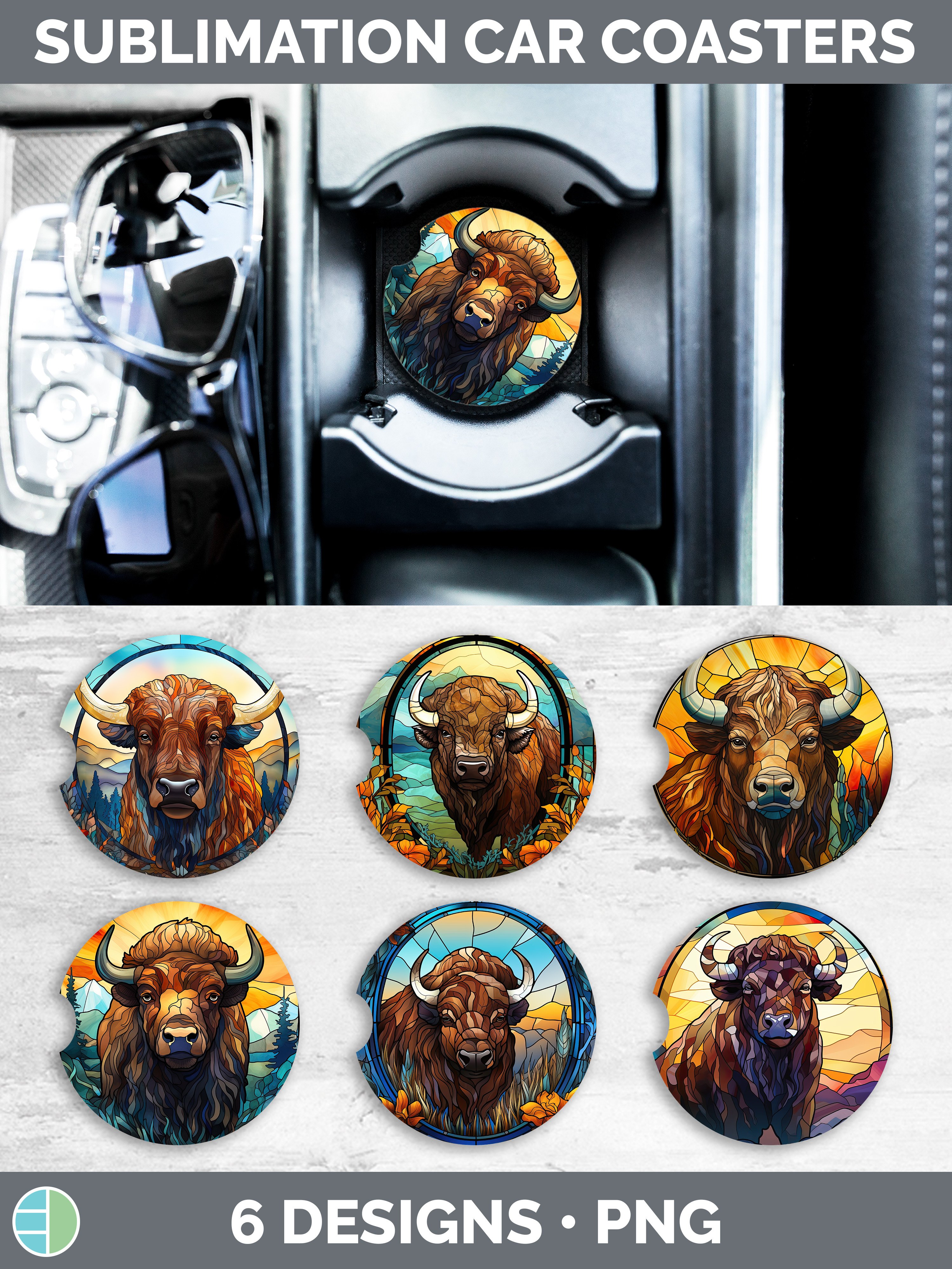 Stained Glass Bison Car Coaster | Bundle Coaster Designs