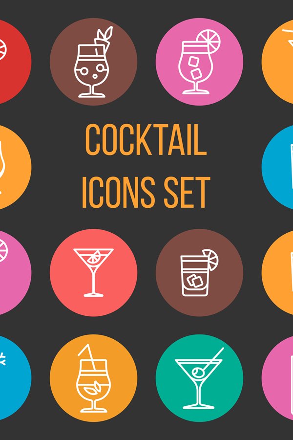 Colorful cocktail thin line vector icons set