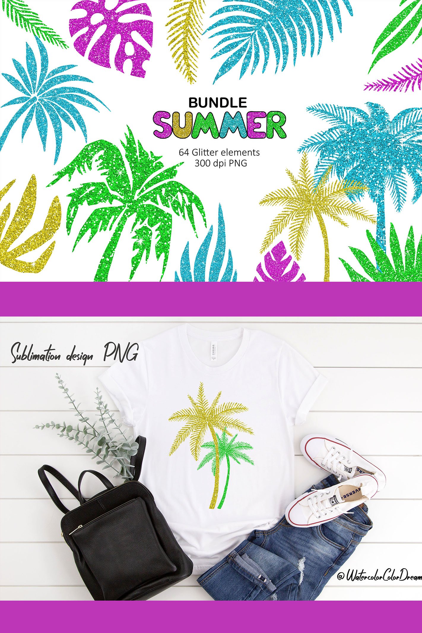 Bundle Summer Tropical Clipart. Glitter Elements PNG