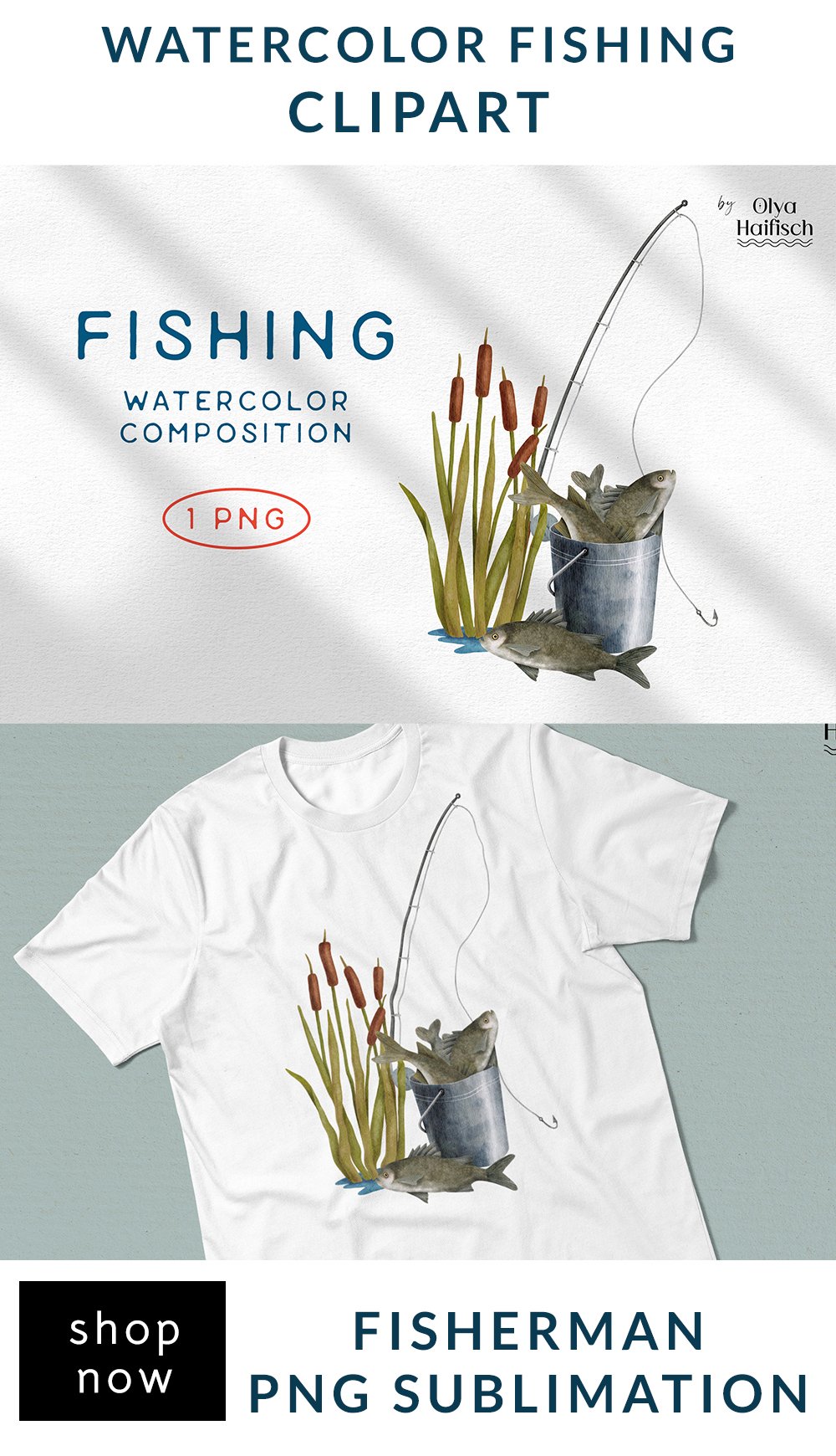 Fishing Watercolor Clipart. Fishing rod and catch of fish