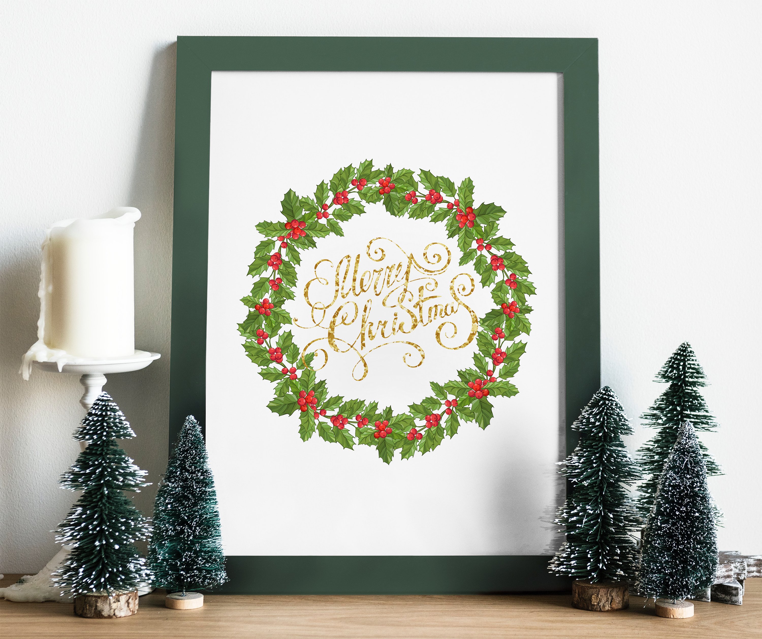 Vector holly twigs frame with lettering "Merry (994556)