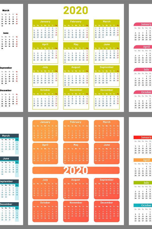 Calendar 2020. Wall planner calendars, week starts grid and