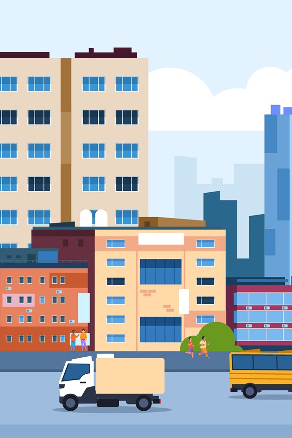 Urban landscape. Modern cartoon cityscape with buildings car