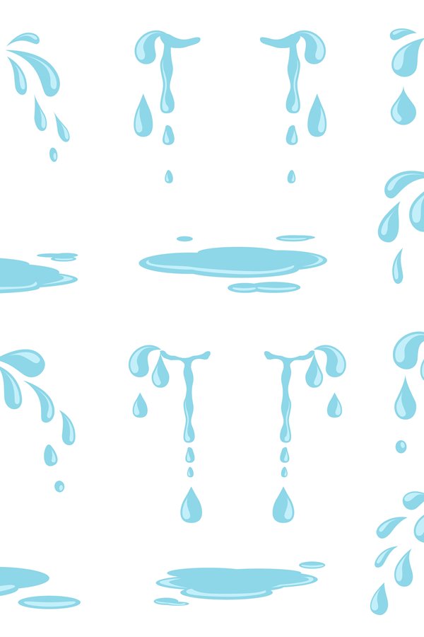 Cartoon tears. Water splash, raining drops and natural strea