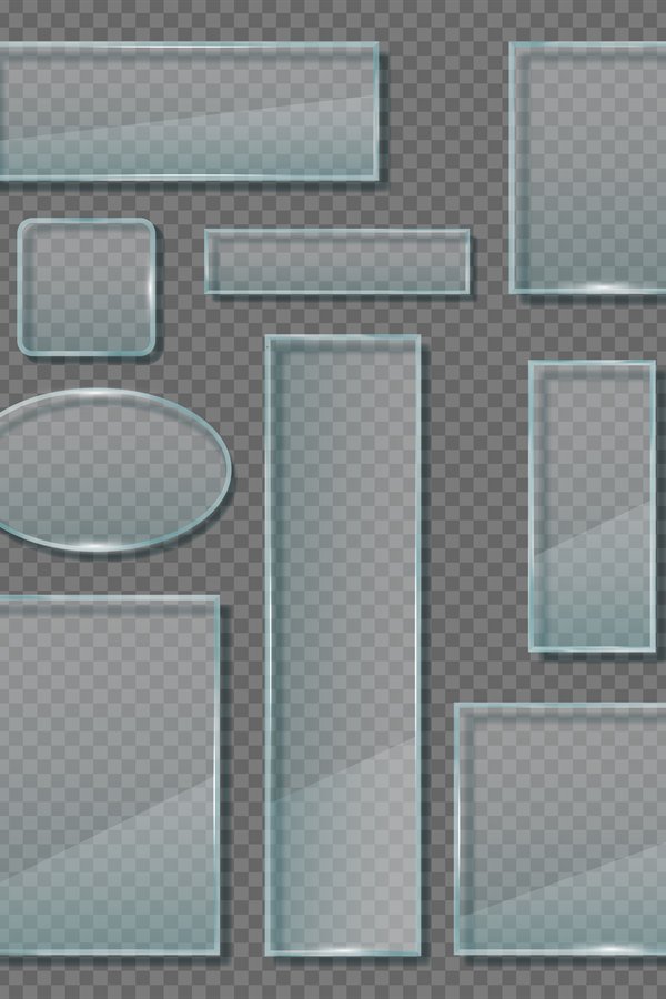 Glass plaque. Modern transparent walls panels different empt