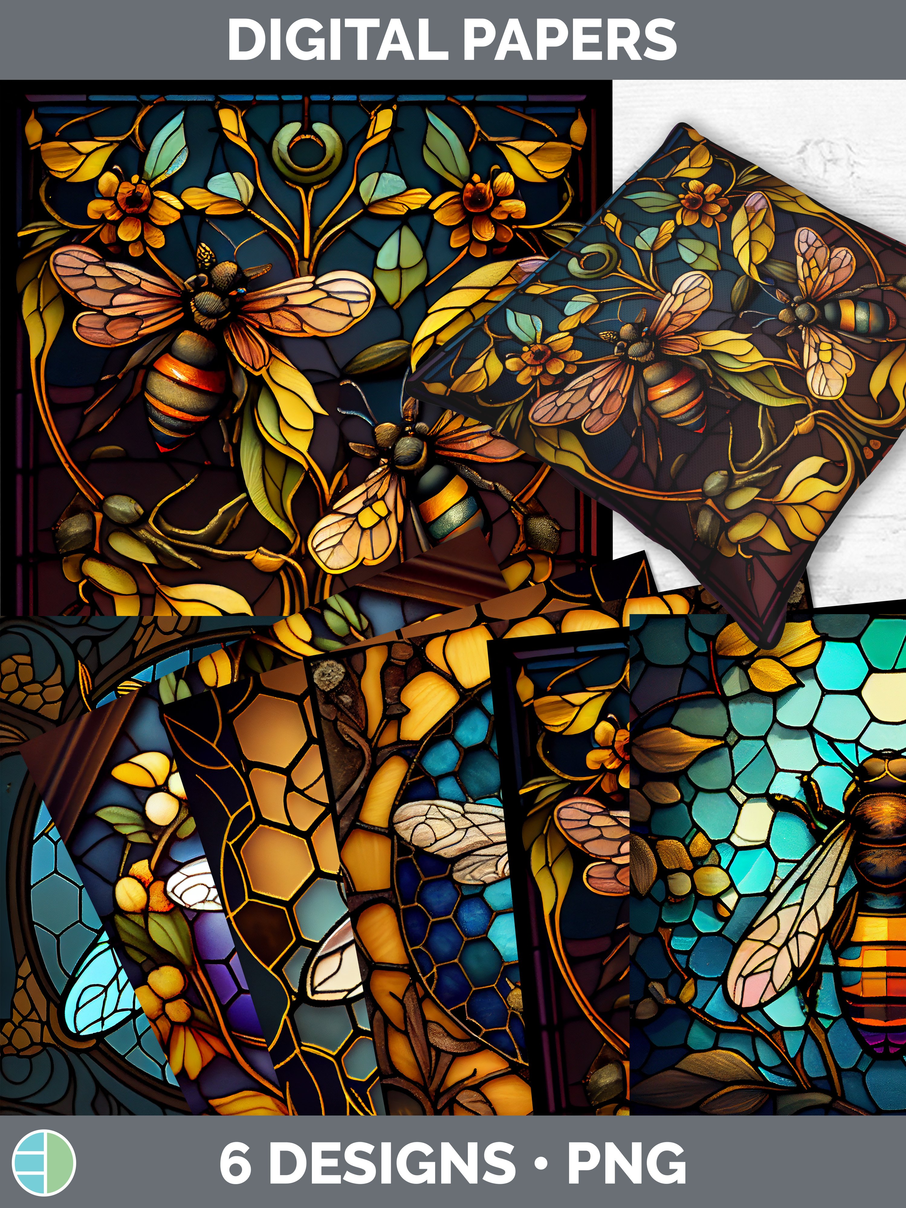Stained Glass Bees Paper Backgrounds | Digital Scrapbook Pap