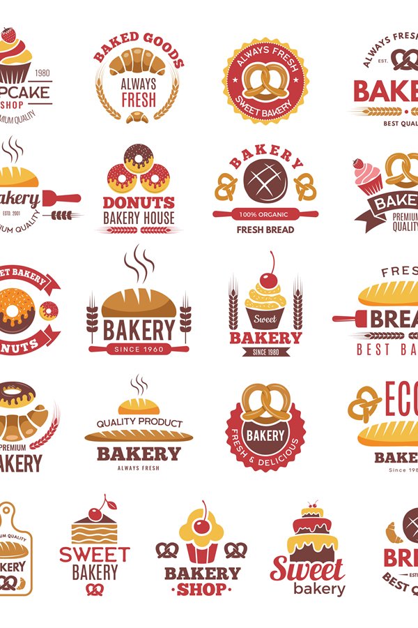 Colored bakery labels. Vintage food logos with cooking pastr
