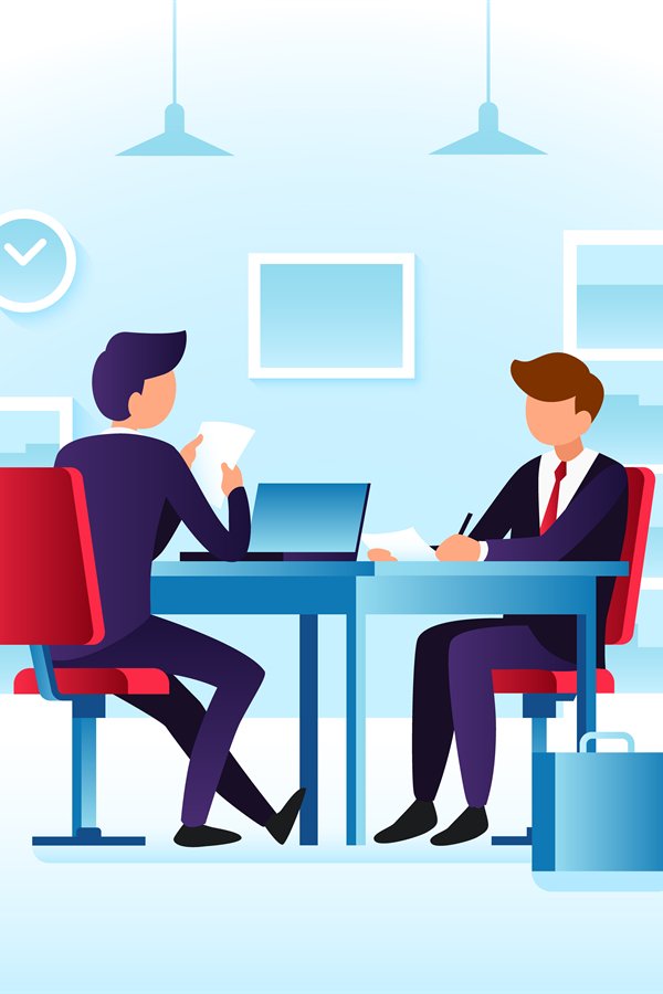 Contender work employees and job interview. Cartoon man empl