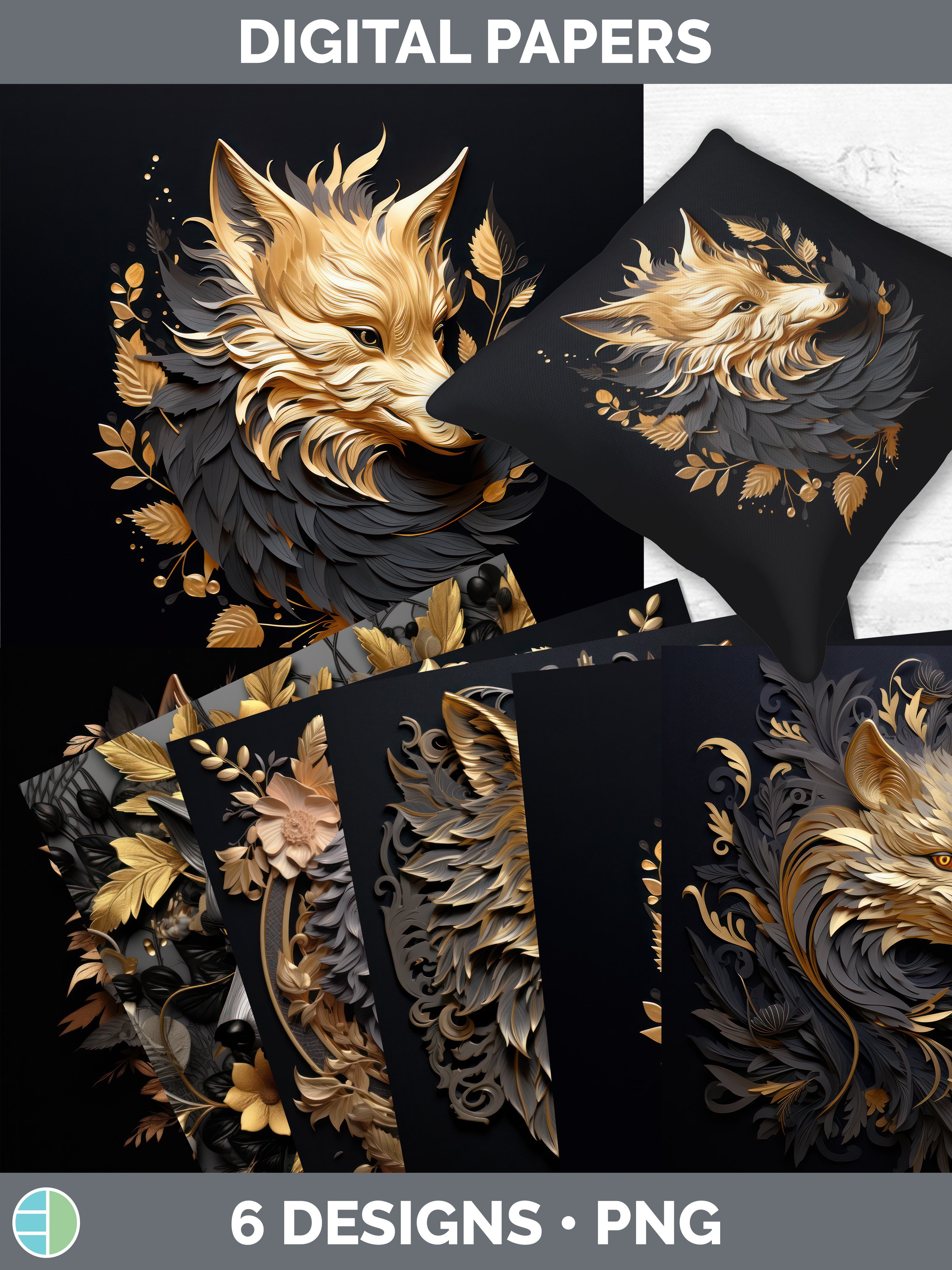 3D Black and Gold Wolf Paper Backgrounds | Digital Scrapbook