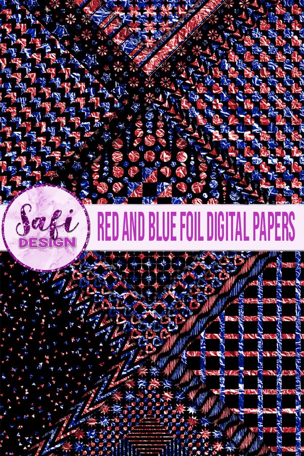Red and Blue Foil Digital Paper Patterns