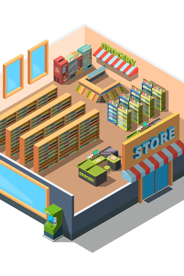Supermarket interior. Cross section of retail market buildin