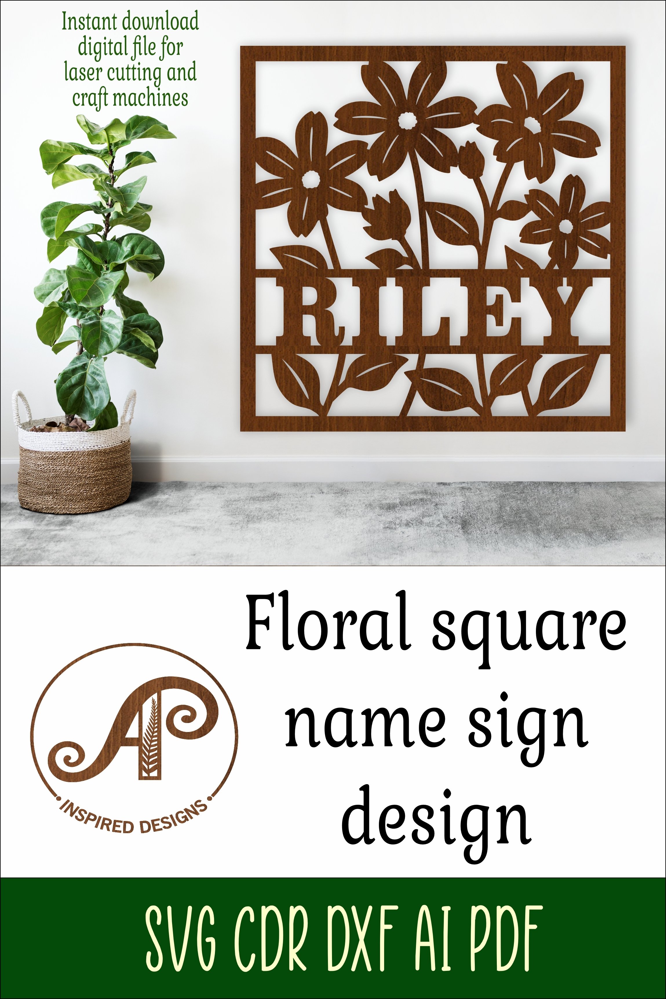Floral square name wall art sign, SVG file