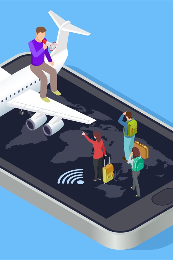Travel manager invites to travel vector concept. Isometric o