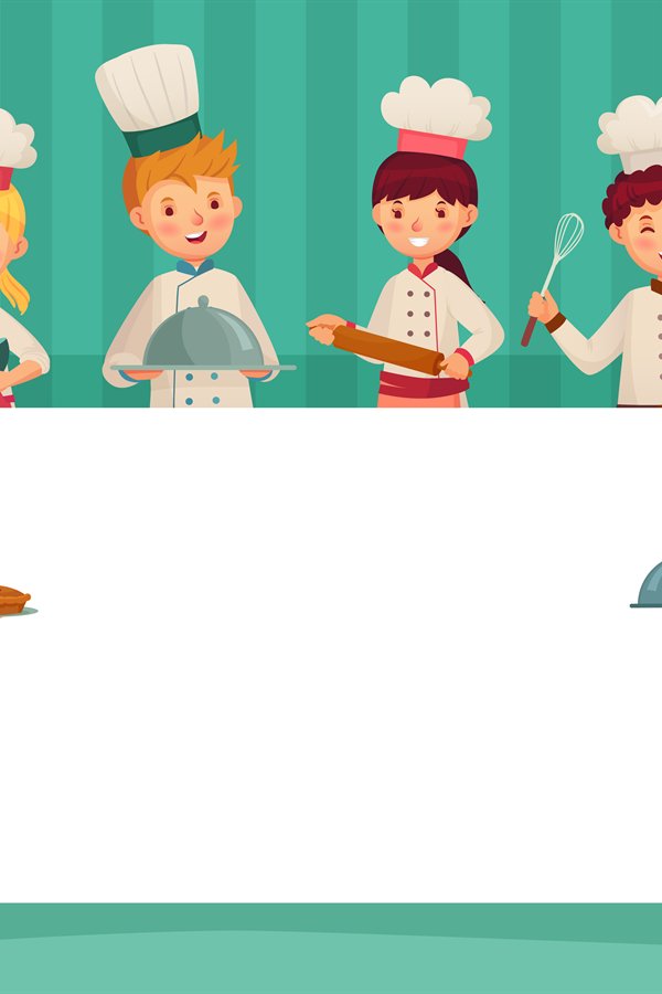 Kids chefs frame. Children cooks, little chef cooking food a