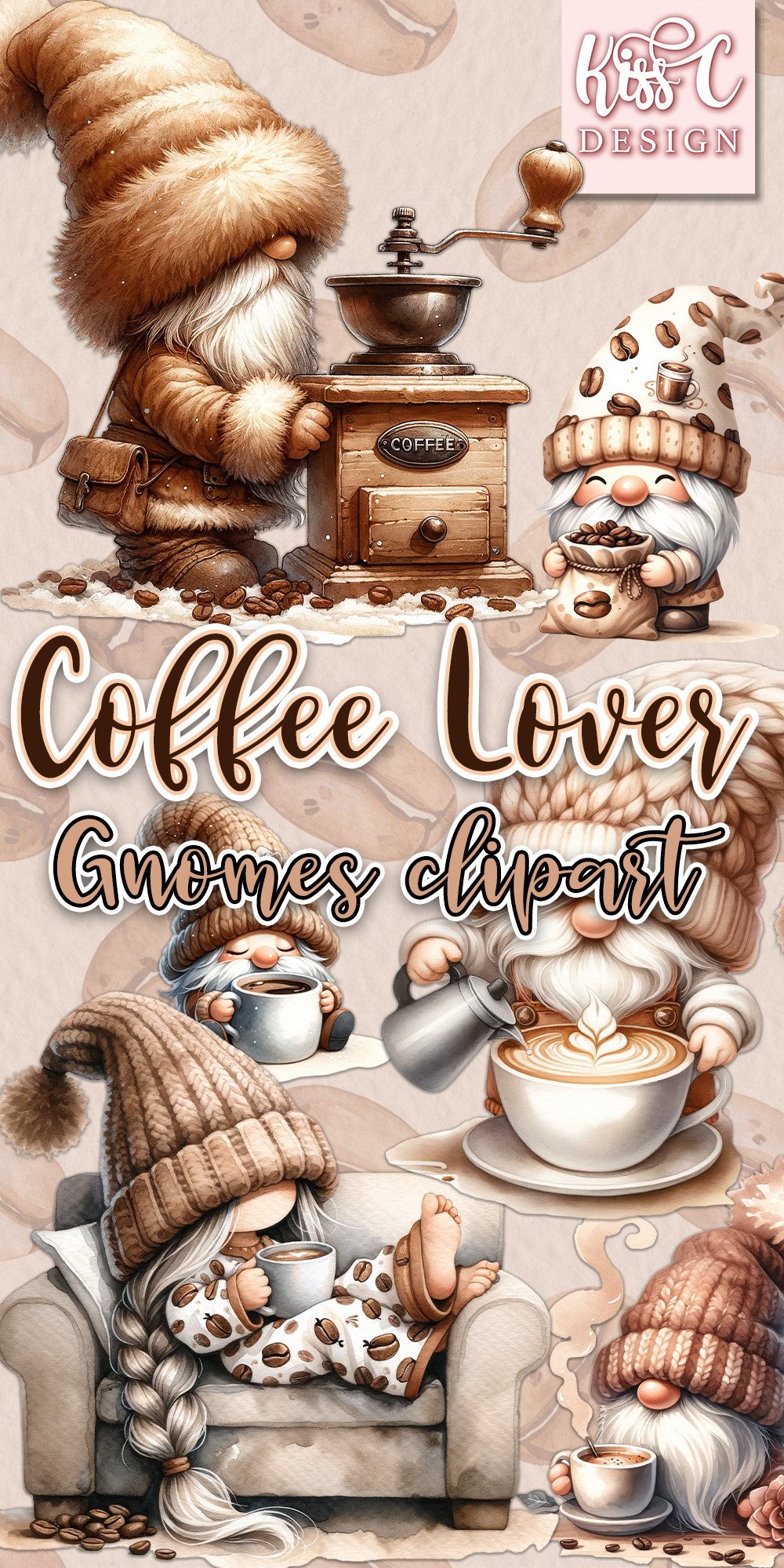 Watercolor Coffee Lover Gnomes PNG Clipart Collection