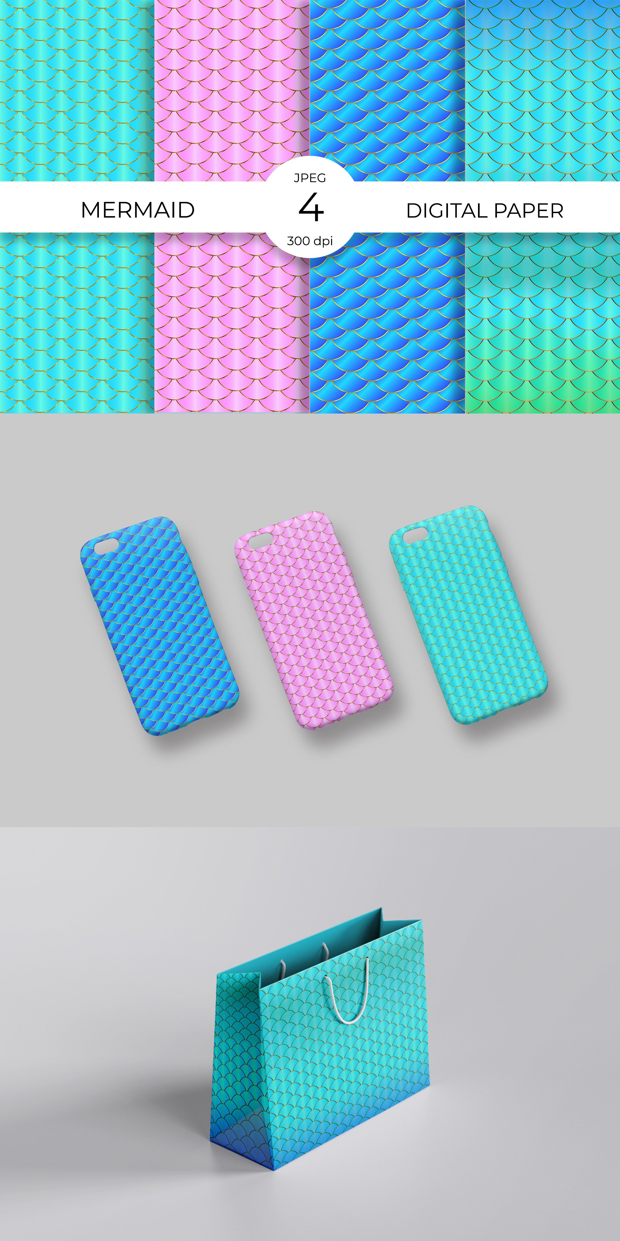 Mermaid digital paper set. Mermaid scale seamless pattern.