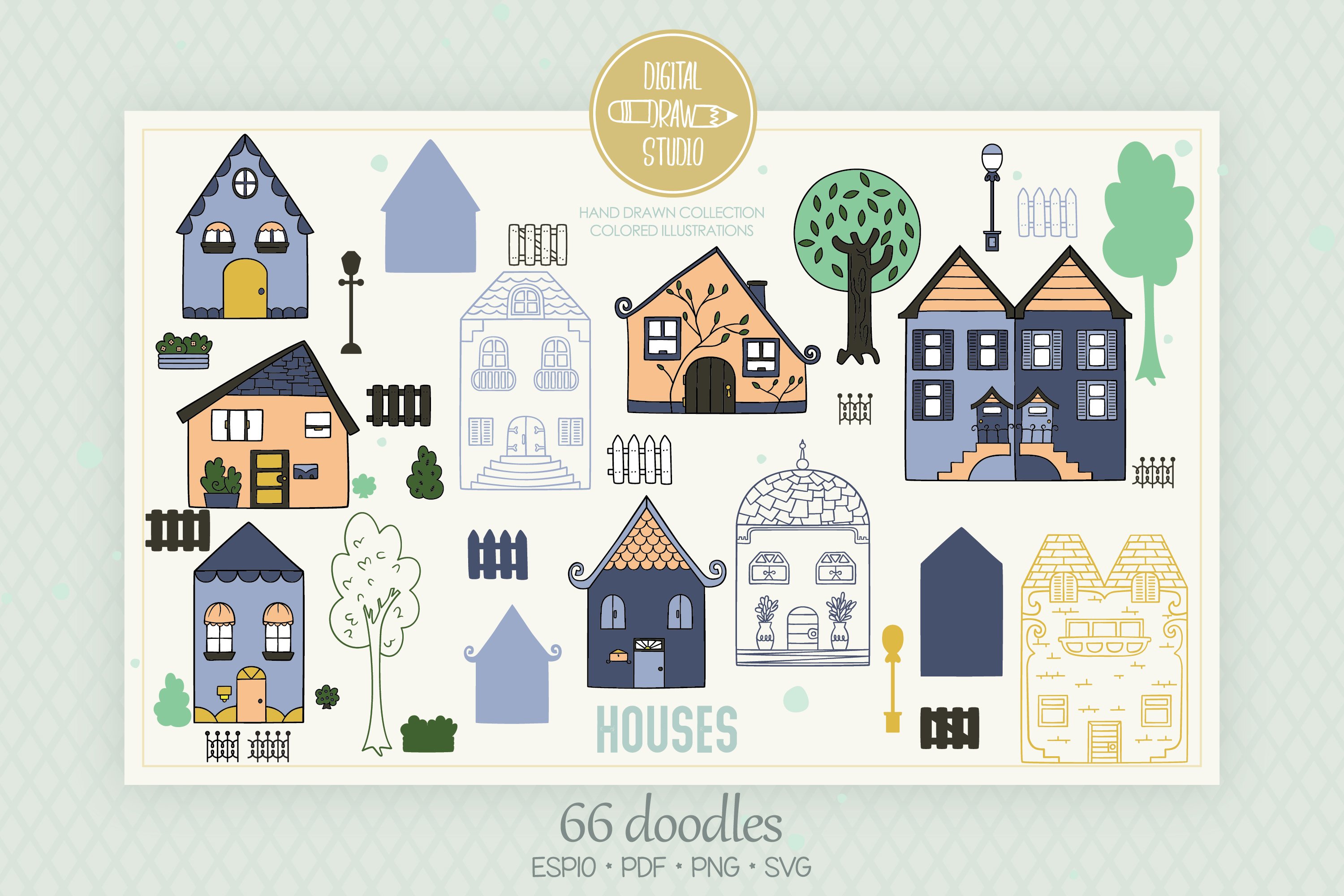 Houses Color Doodles, Home, City Building, Cottage, Tree